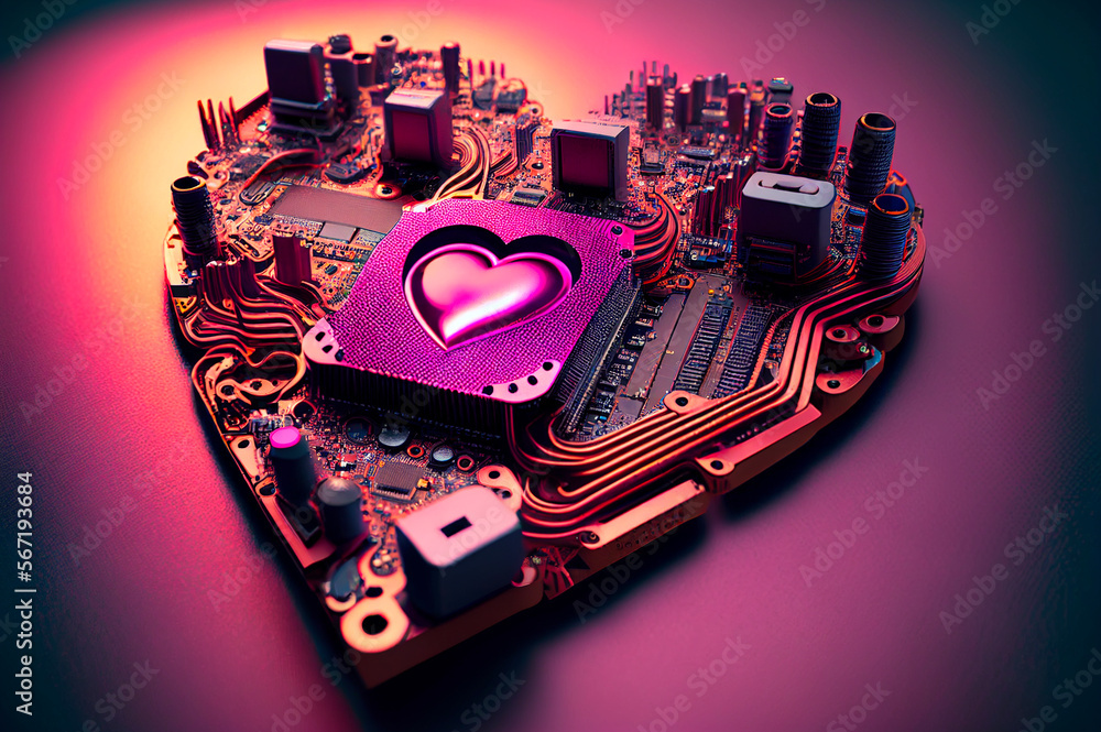 Heart on a computer circuit board. 3d illustration. Pink background ...