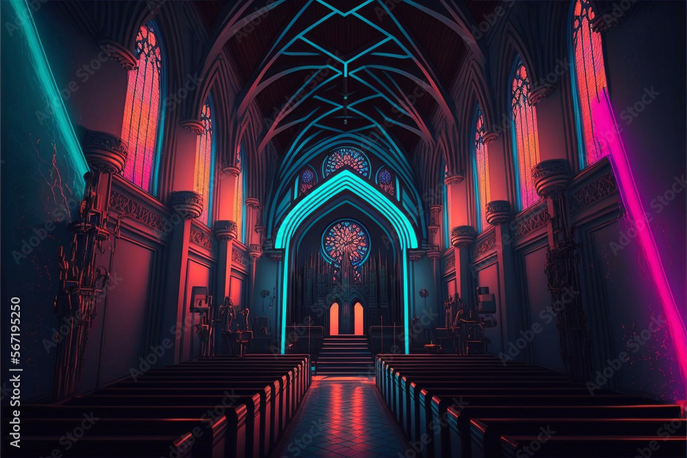 Neon Church Interior, Pews, Altar, Cross, Stained Glass Generative AI ...