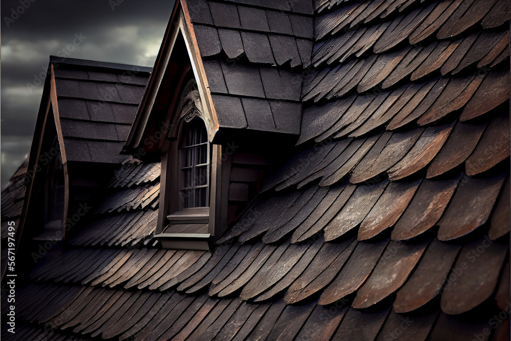 Shingles on a roof, attic dormer window, closeup of house exterior ...