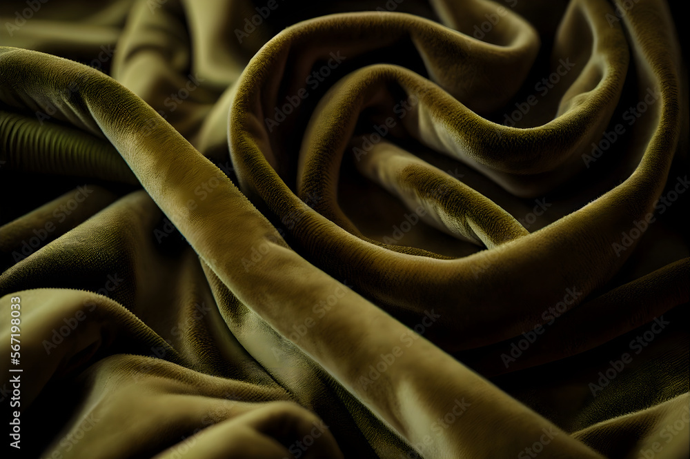 Olive-colored velvet fabric, curves, undulations, olive-colored velvet ...