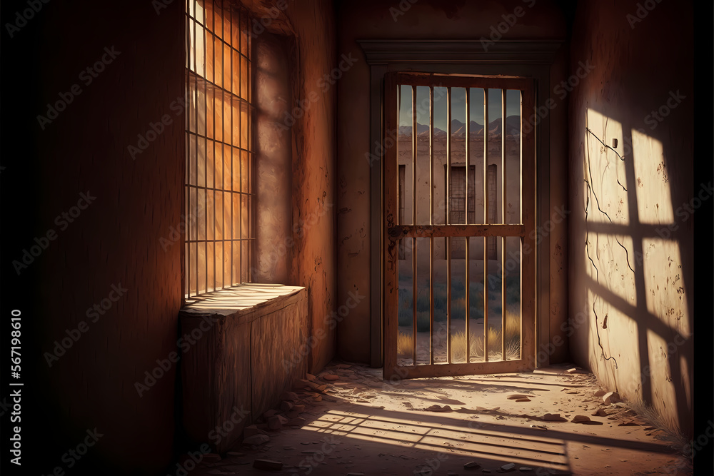 Jail cell, empty prison, worn down concrete walls and metal bars ...