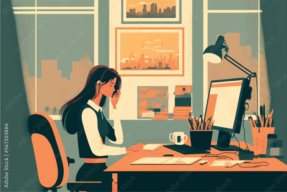 Vector illustration woman working and writing in the office, minimalist ...