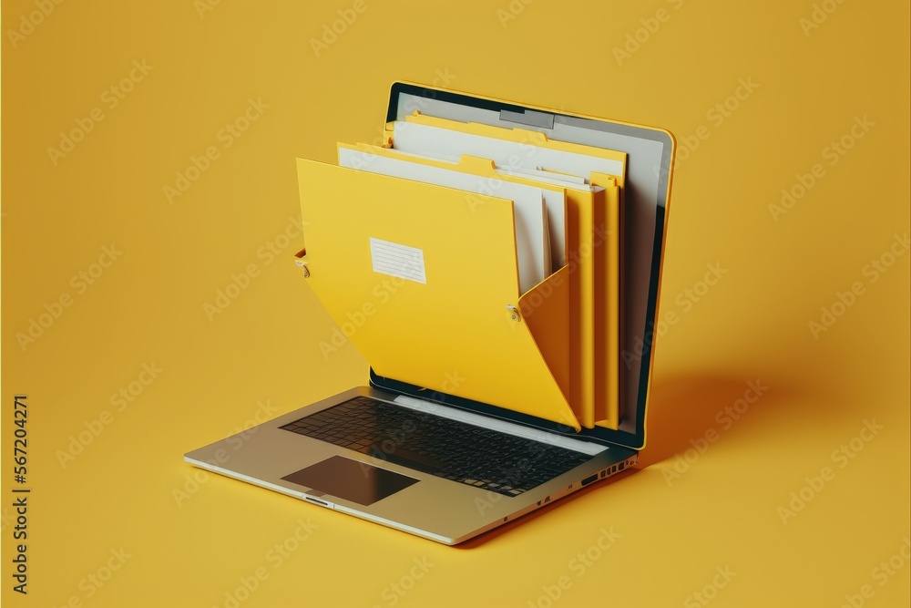 ภาพประกอบสต็อก Laptop with file folder on screen, document folder ...