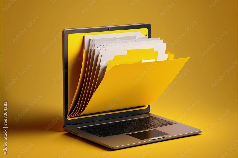 ภาพประกอบสต็อก Laptop with file folder on screen, document folder ...