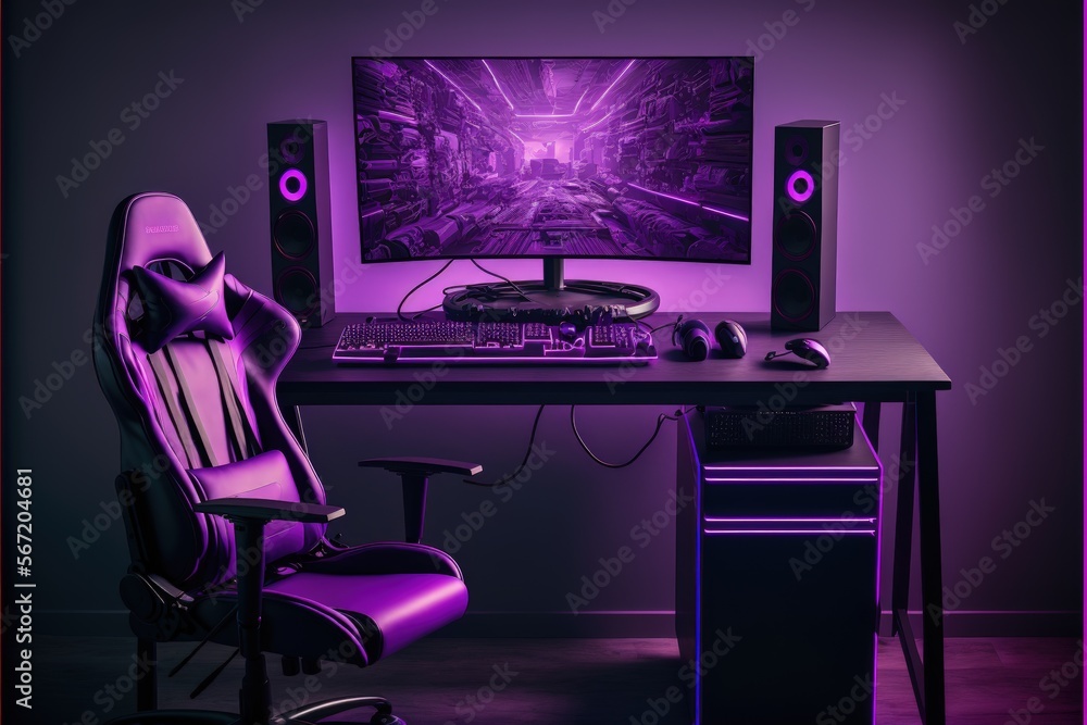 Gamer PC setup with table, chair and computer, purple background ...