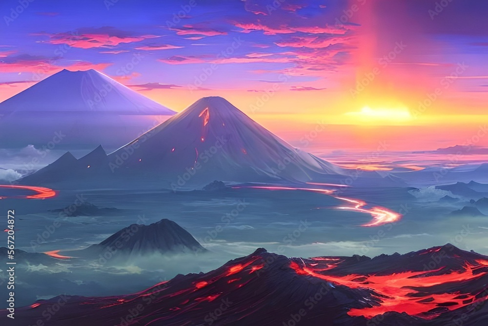 Volcanic Adventure: A Beautiful Volcano Landscape Cartoon Background ...