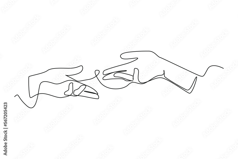 Continuous one line drawing hands reaching towards each other. Human ...
