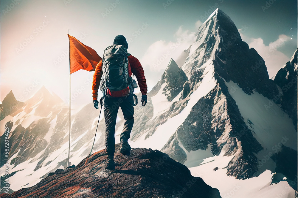 Reaching your goals concept, mountain climber following path to flag on ...