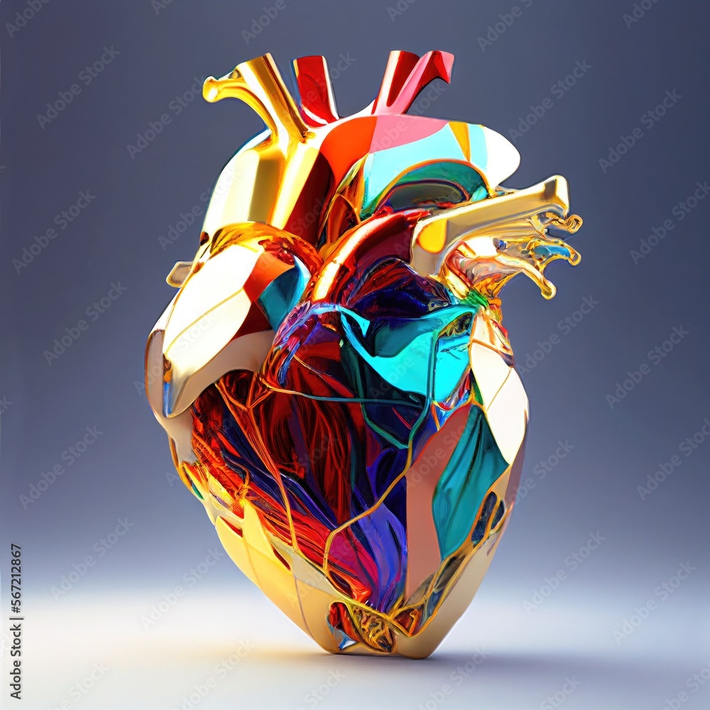 beautiful multi-colored, anatomical human heart with valves created ...
