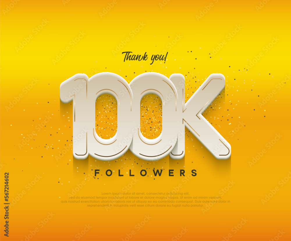 100k followers celebration with modern white numbers on yellow ...