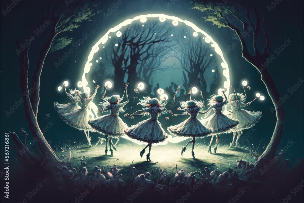 A group of fairies dancing around a ring of mushrooms, illuminated by a ...