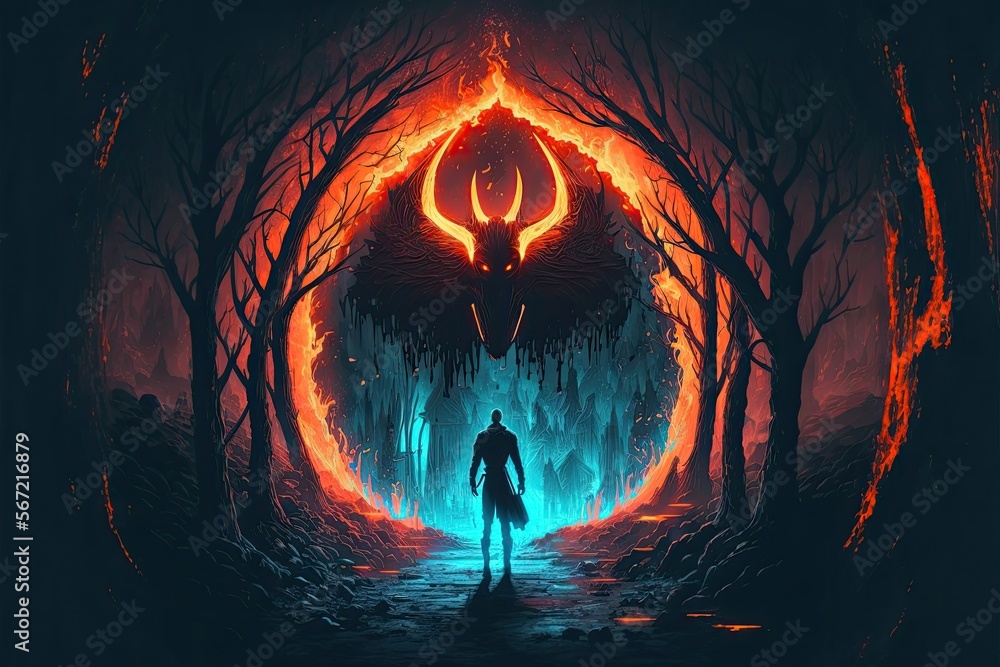 A fiery portal to the underworld, guarded by demonic creatures.digital ...