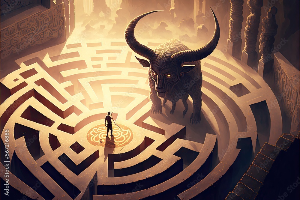 A labyrinthine maze guarded by a fearsome minotaur, with treasure ...
