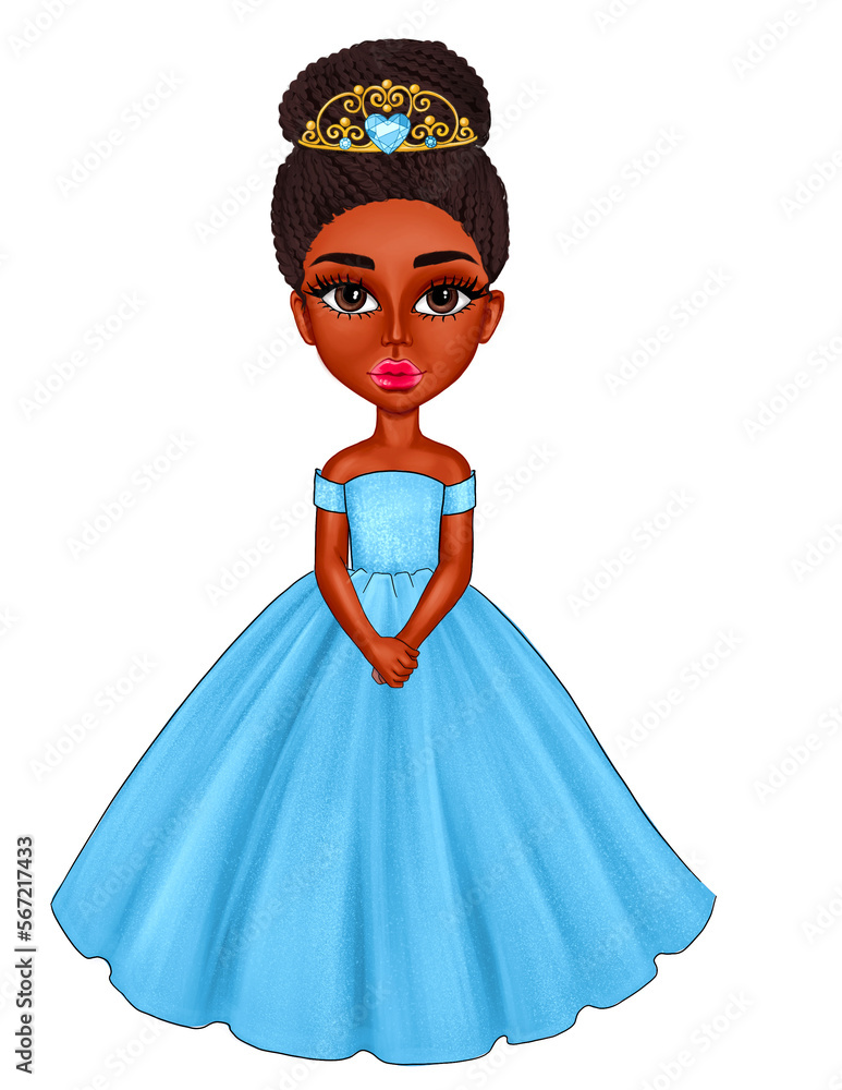 Little African American Princess in Blue Dress.Princess Clip Art.Fairy ...