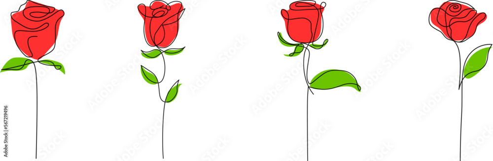 one single outline drawing of red roses in a row. Set of 4 Decorative ...