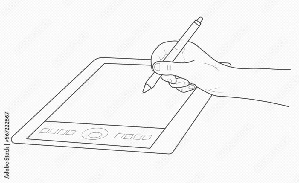 Vector outline graphic tablet and hand for drawing by artist and ...