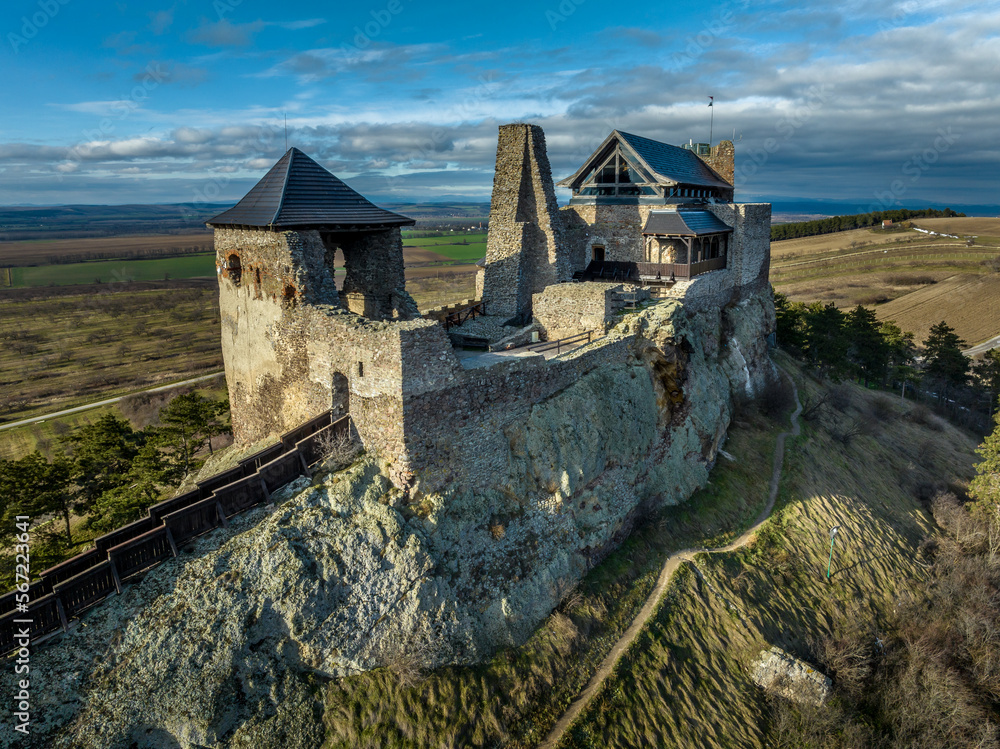 Aerial view of partially restored Boldogko, medieval Gothic castle in ...