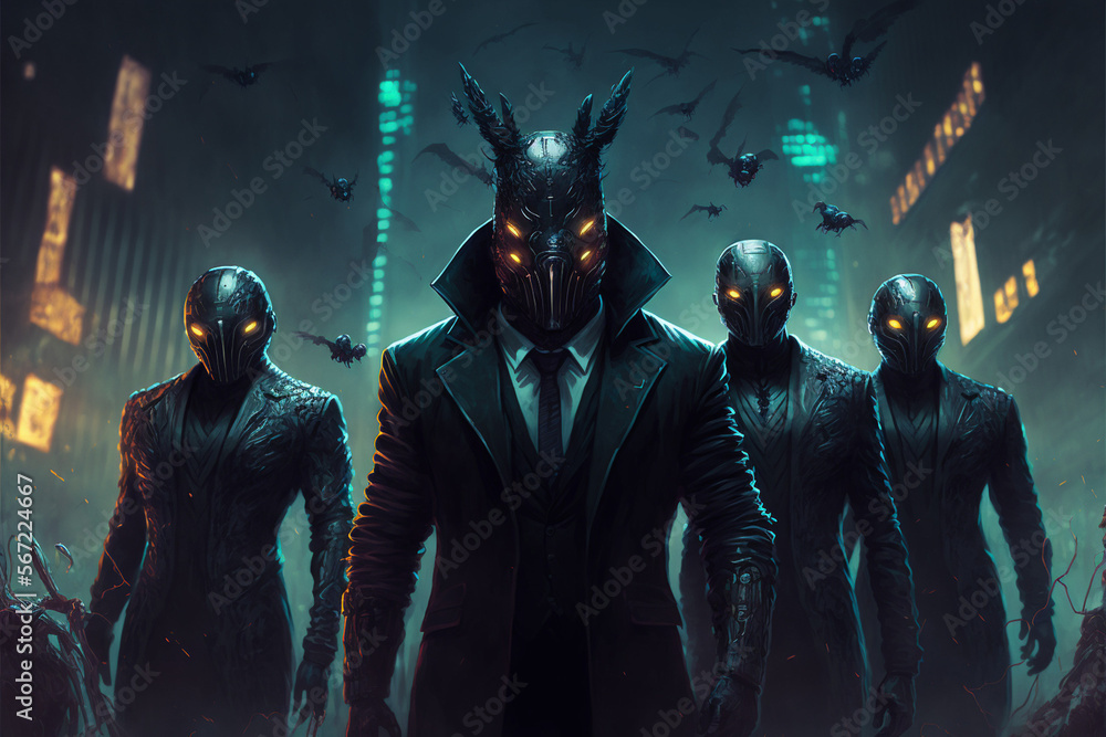 a group of creepy creatures with no face wearing black suits posing, AI ...