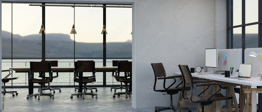 Modern company office workplace interior design with workstation and ...