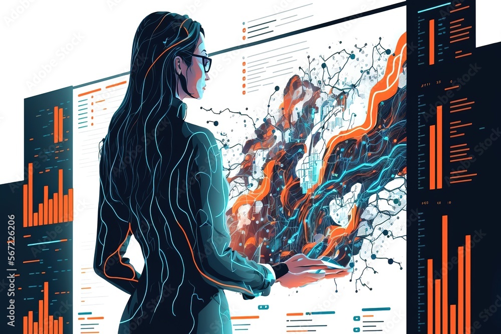 Big data technology and data science. Data scientist querying, analysing and visualizing complex ...