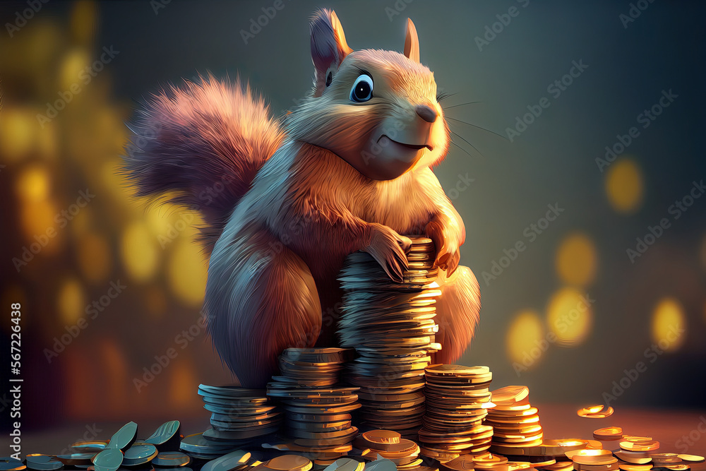 Cute funny kawaii squirrel keeping an eye on a mount of gold coins like ...