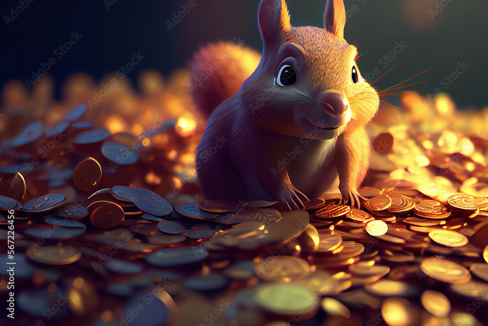 Cute funny kawaii squirrel keeping an eye on a mount of gold coins like ...