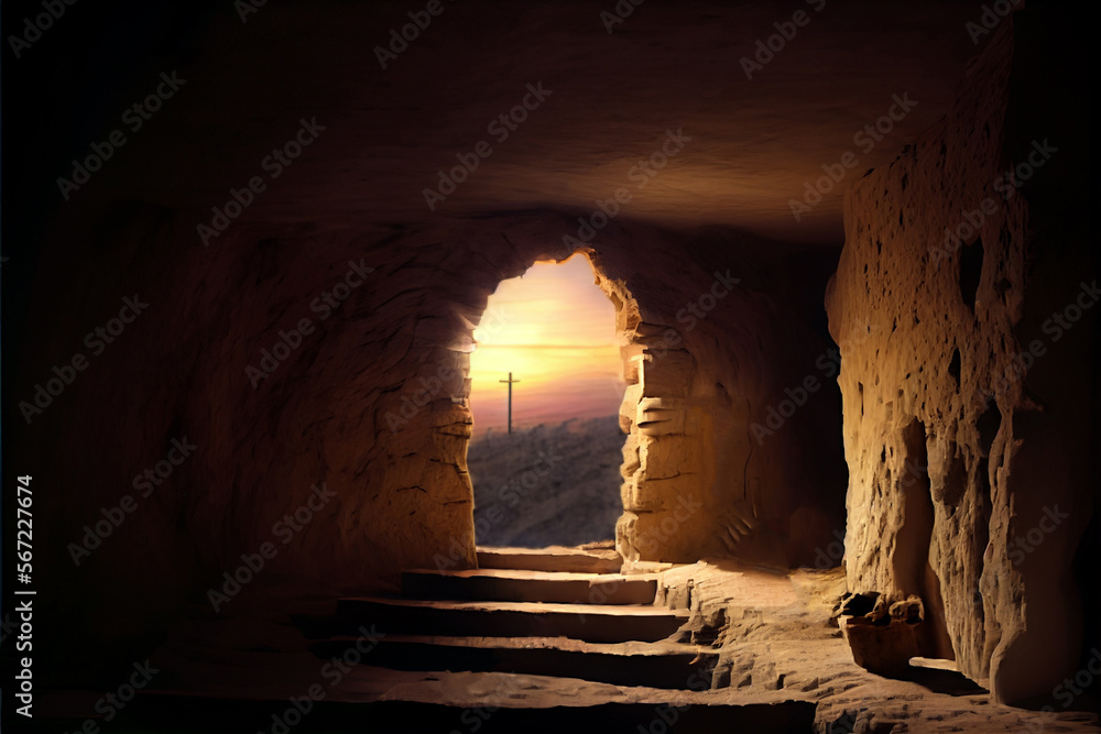 Easter. Empty tomb of Jesus with crosses At Sunrise. Stock Illustration ...