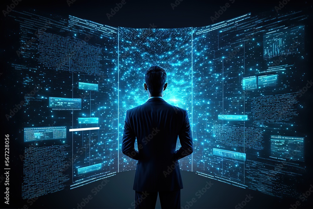 Big data technology and data science. Data scientist querying, analysing and visualizing complex ...