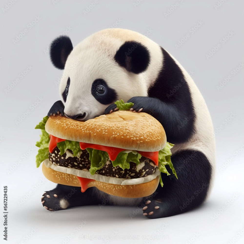 Cute Panda eating a sandwich. white background. Creates with Generative ...