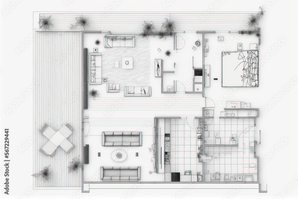 Floor plan of a home, illustration. Open concept living apartment ...