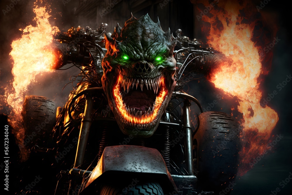 In front of worlds end photorealistic shot of a burning demonic monster ...