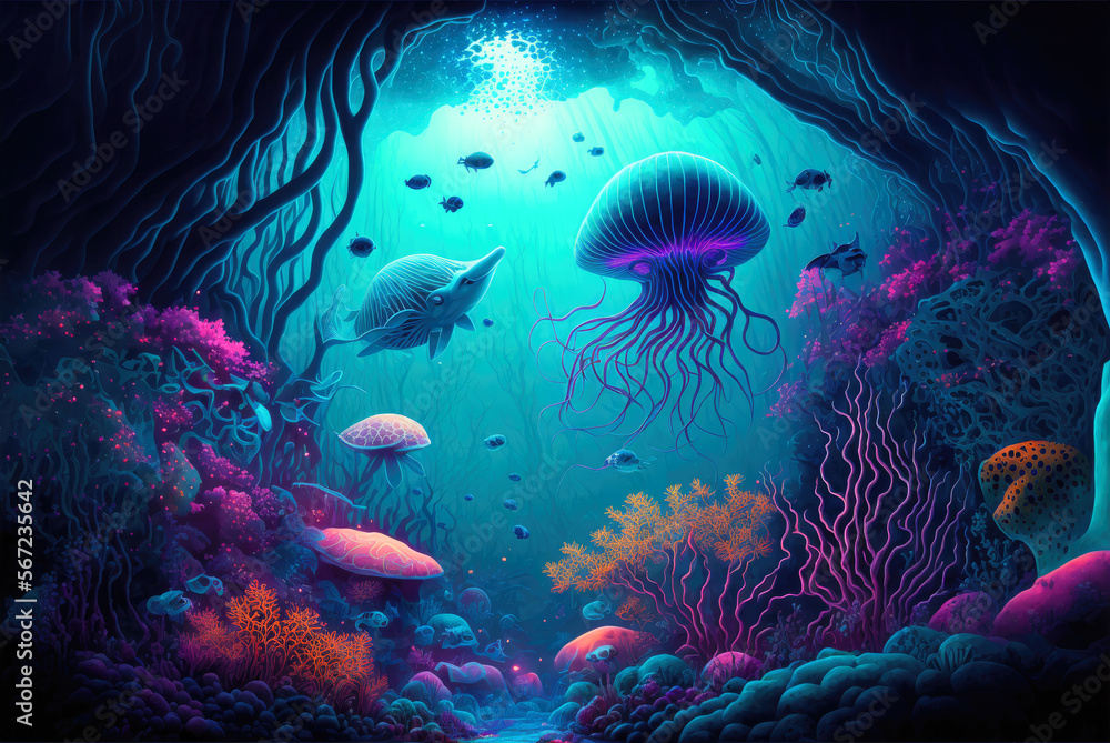 Submerged in Color: A Psychedelic Dive into a Surreal Underwater World ...