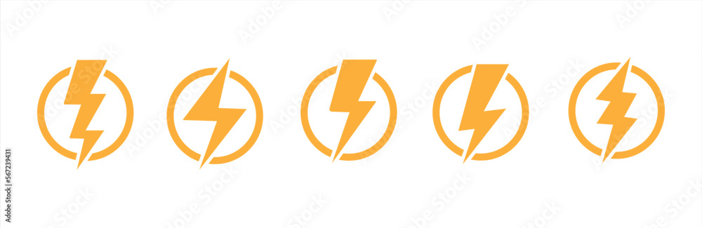 Lightning bolt icon set. Thunderbolt in the circle. Electric power ...