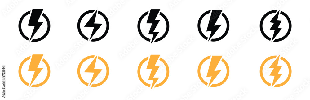 Lightning bolt icon set. Thunderbolt in the circle. Electric power ...