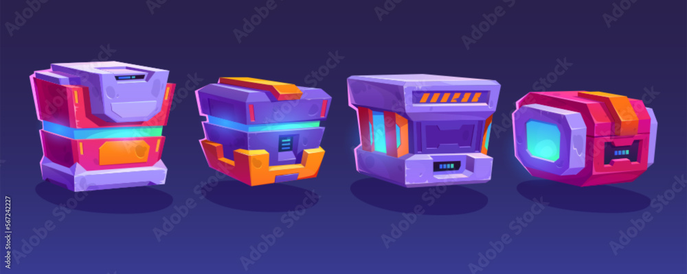 Game futuristic boxes, future technology chests. Icons of sci-fi ...