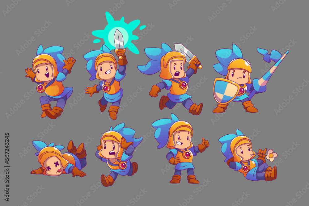 Cute knight character emotions isolated on background. Vector ...