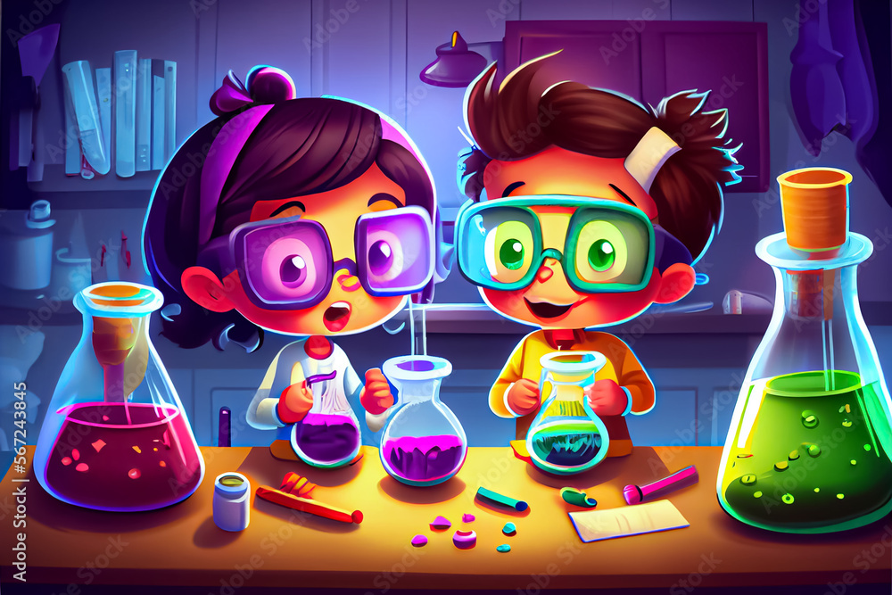 cartoon kids science experimenting chemicals in the science room ...