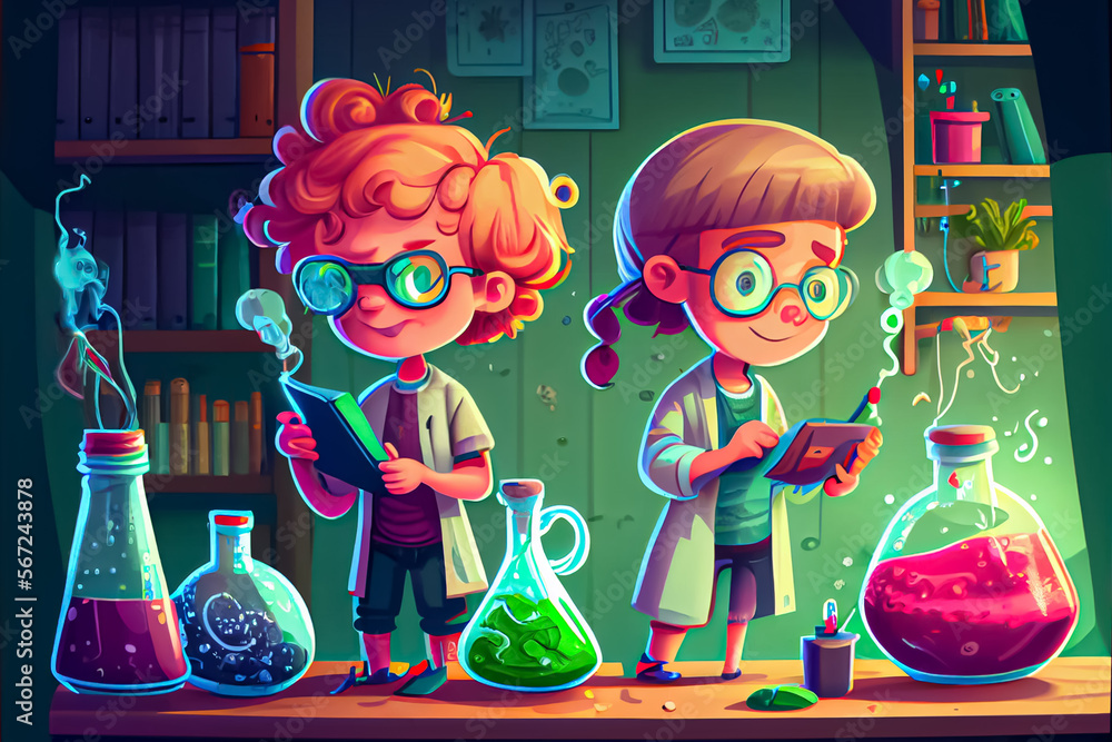 cartoon kids science experimenting chemicals in the science room ...