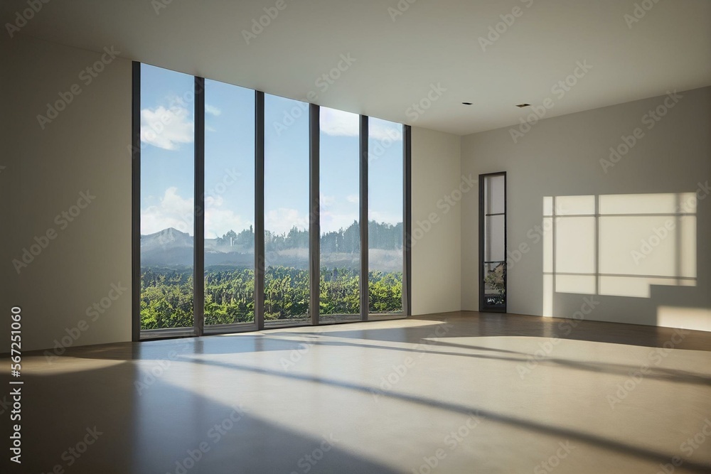 Modern contemporary empty hall with nature view 3d render overlooking ...