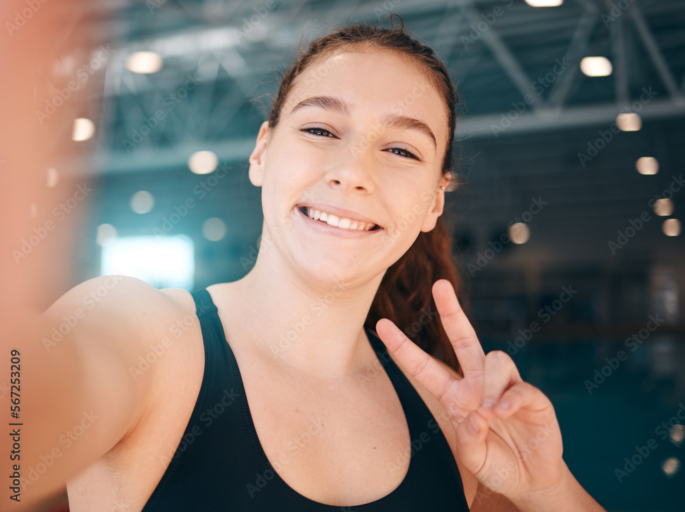 Peace sign, selfie and portrait of a woman athlete after a swimming ...