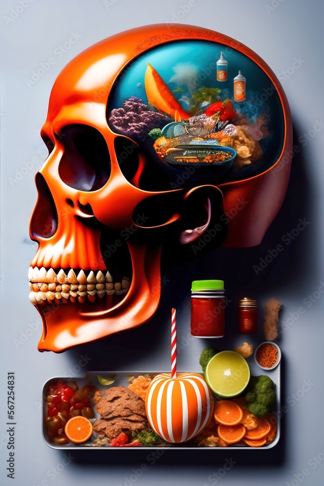 The human skull is overlaid with different prepared food. Healthy and ...