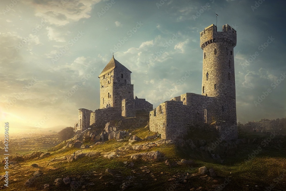 Digital illustration of a medieval tower on a hill with a village town ...