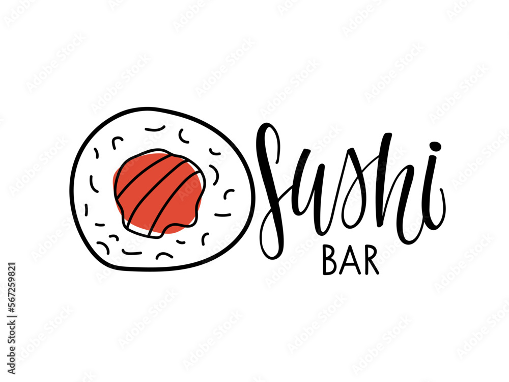 Sushi bar logo. Handwritten inscription with sushi roll sketch doodle ...
