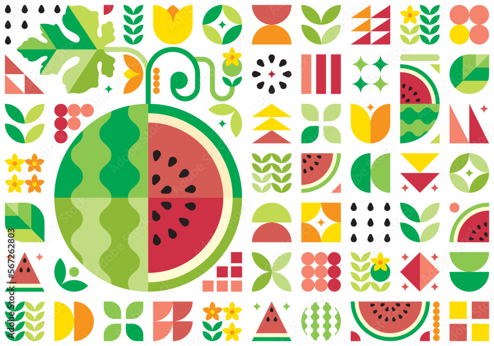 Vetor de Red watermelon pattern artwork with geometric shape elements ...