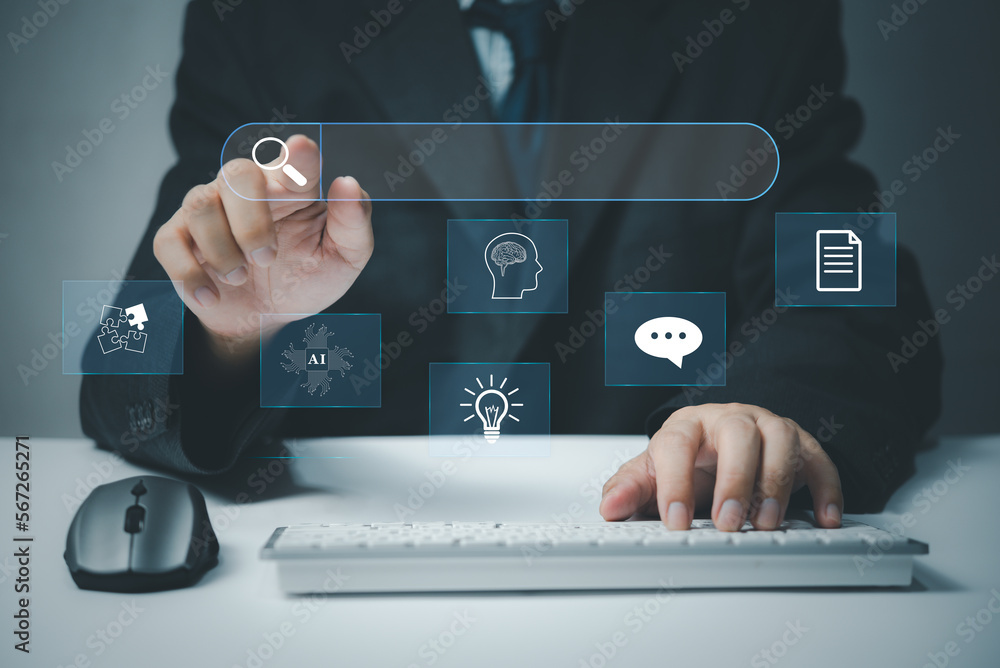 ChatGPT Chat with AI or Artificial Intelligence. Young businessman ...