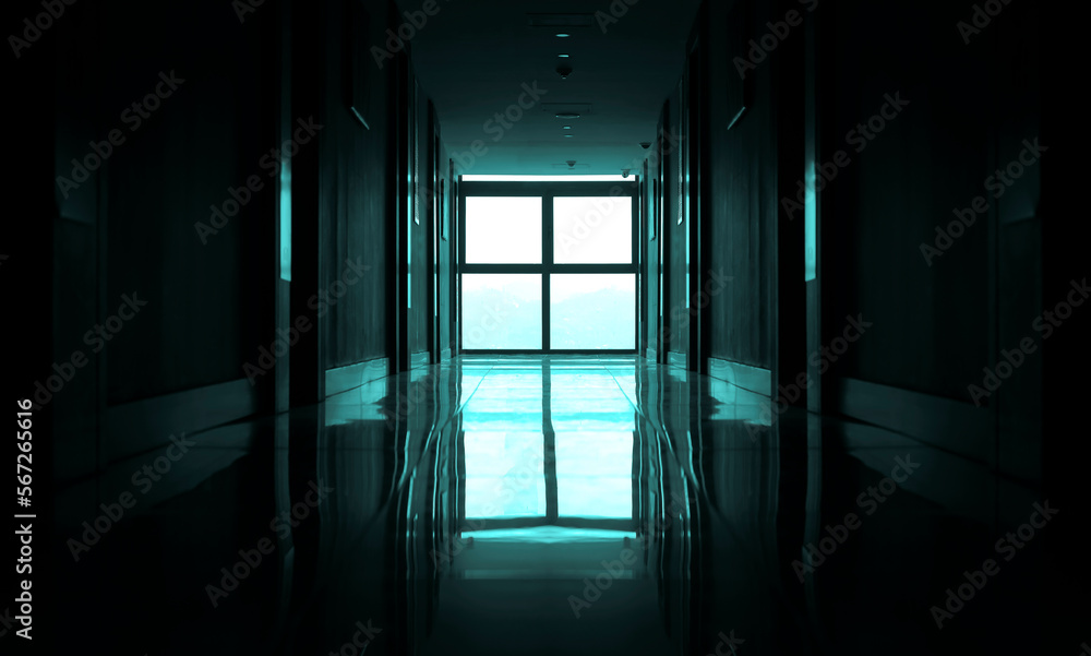 Long hallway of a hotel with many doors. Very long corridor. blue ...