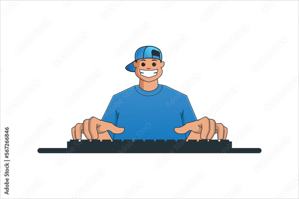 appy young man is sitting at desktop. Young gamer playing video game ...