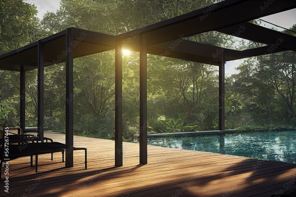 Modern black bio climatic pergola with top view on an outdoor patio ...