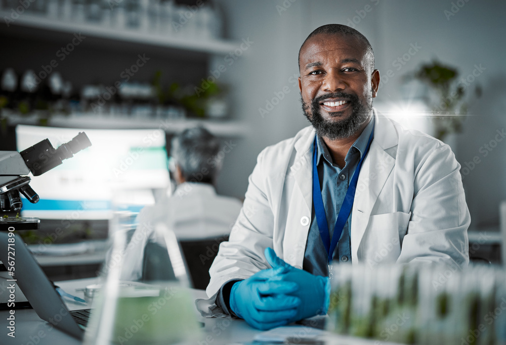 Scientist black man, portrait and lab with smile for research, plants ...