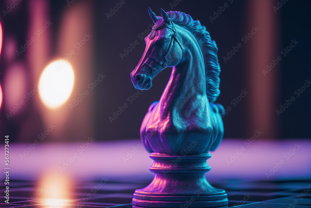 Vaporwave chess piece knight with neon light on dark background, Art ...